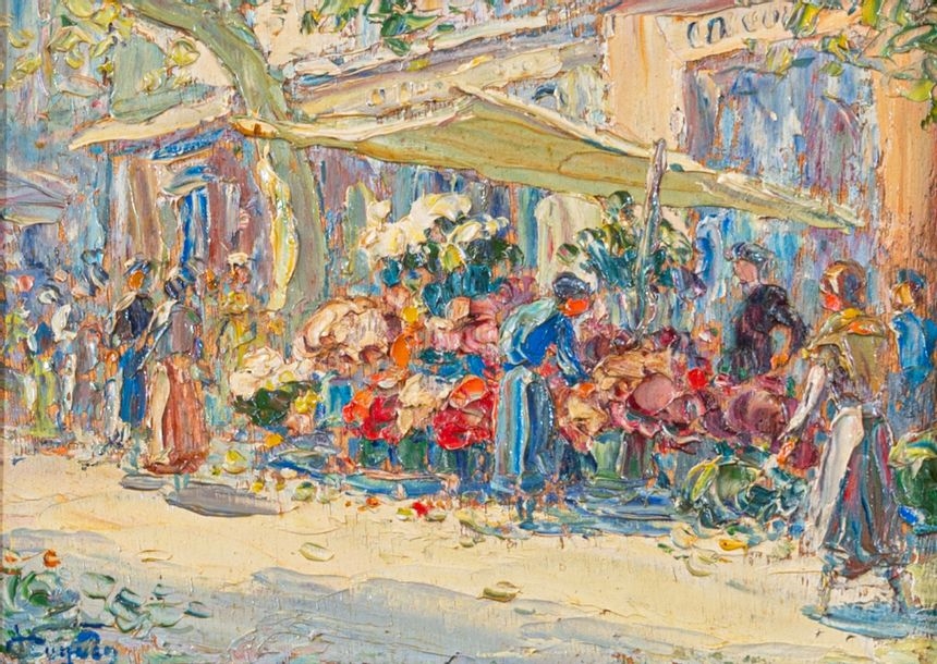 Victor Louis Cuguen | Flower market in Toulon Oil on panel | MutualArt