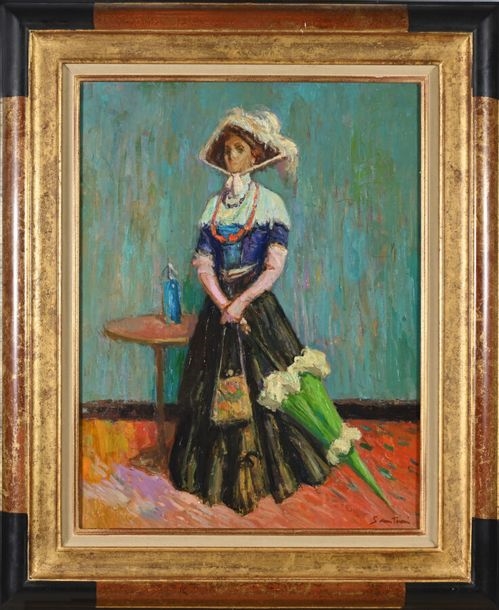 Pio Santini | Femme à l'ombrelle verte Huile sur toile | MutualArt