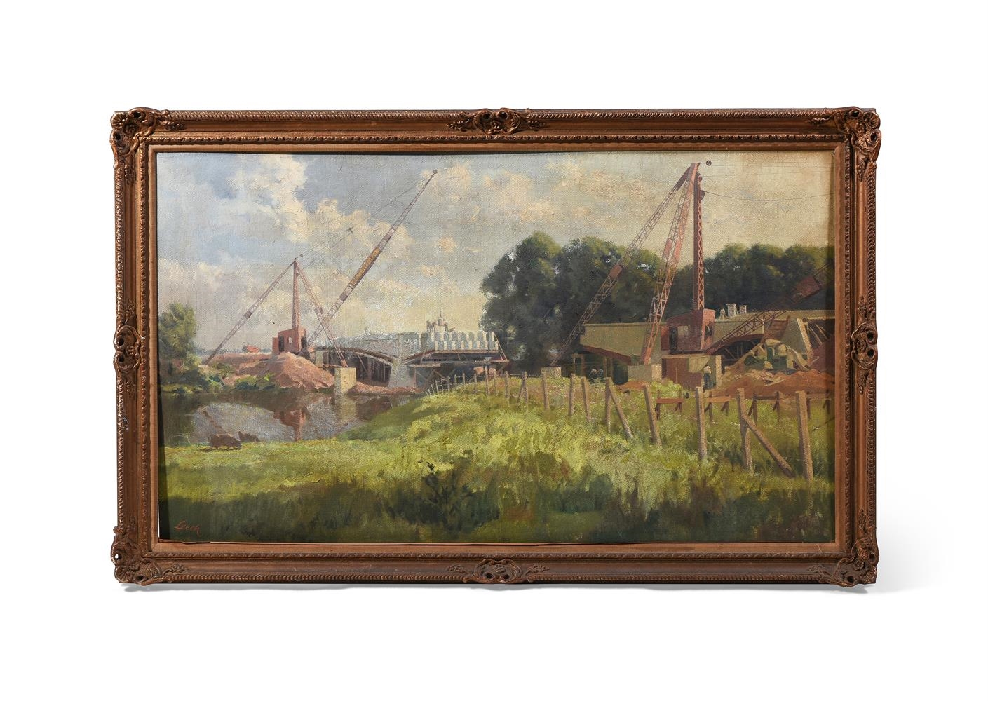William John Leech | BUILDING THE NEW BRIDGE WITH COWS IN A FIELD ...