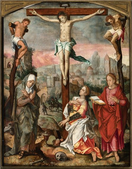 Antwerp School, 16th Century | Calvary with Mary Magdalene and a view of Jerusalem | MutualArt