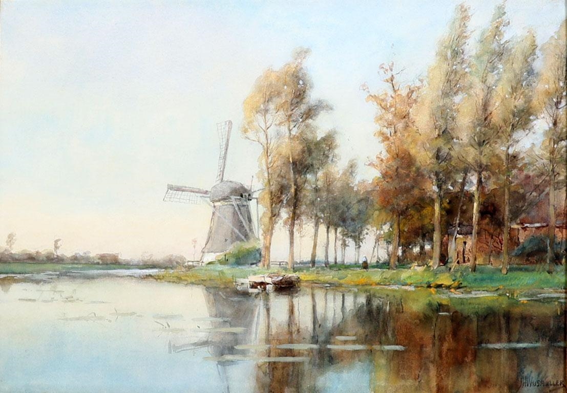 Jan Hillebrand Wijsmuller | Riviergezicht met boerderij met molen ...