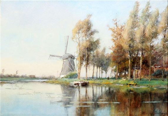 Jan Hillebrand Wijsmuller | Riviergezicht met boerderij met molen ...