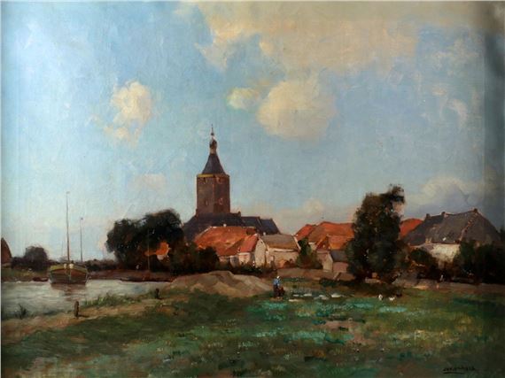Jan Knikker | Dorpsgezicht aan het water met boerin | MutualArt