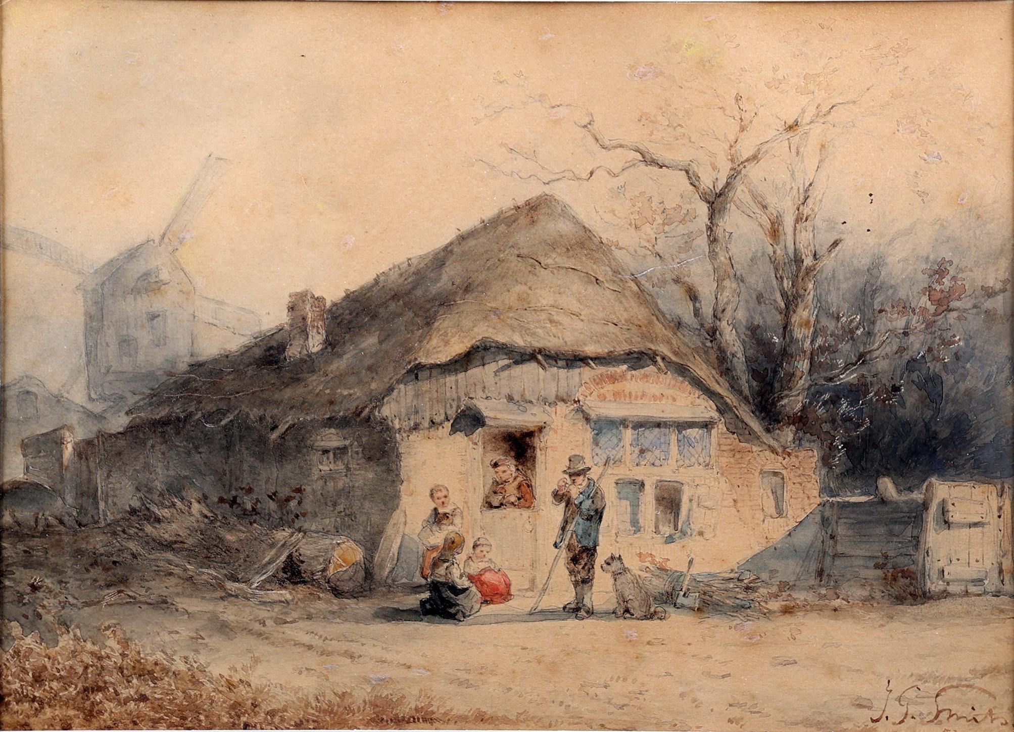 Jan Gerard Smits | Boerderij met personen en molen | MutualArt