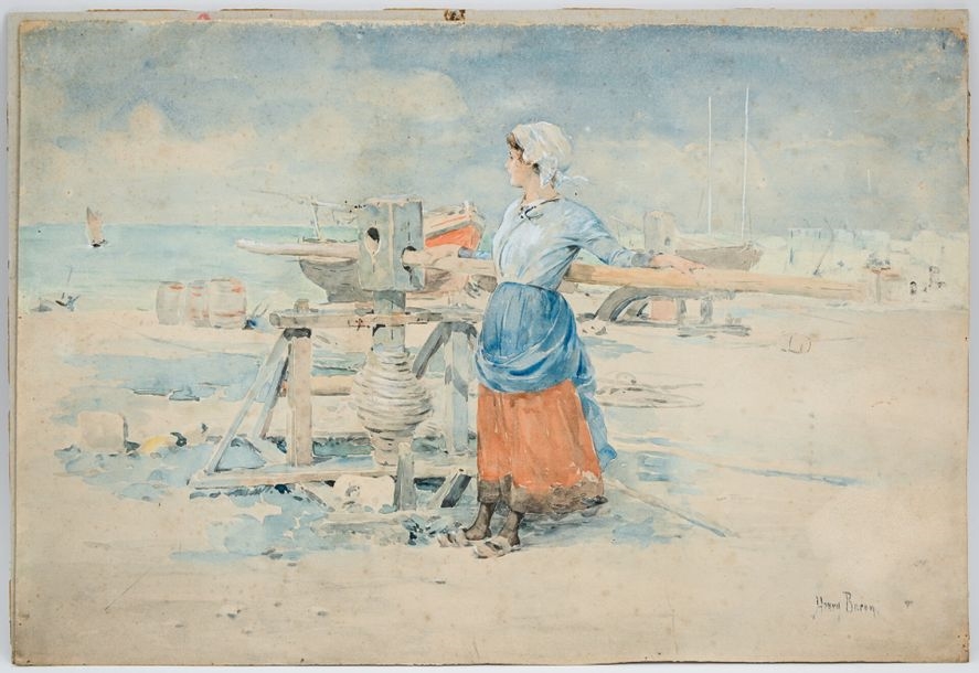 Henry Bacon | Henry BACON (1839-1912) Bretonne à la barre Aquarelle ...