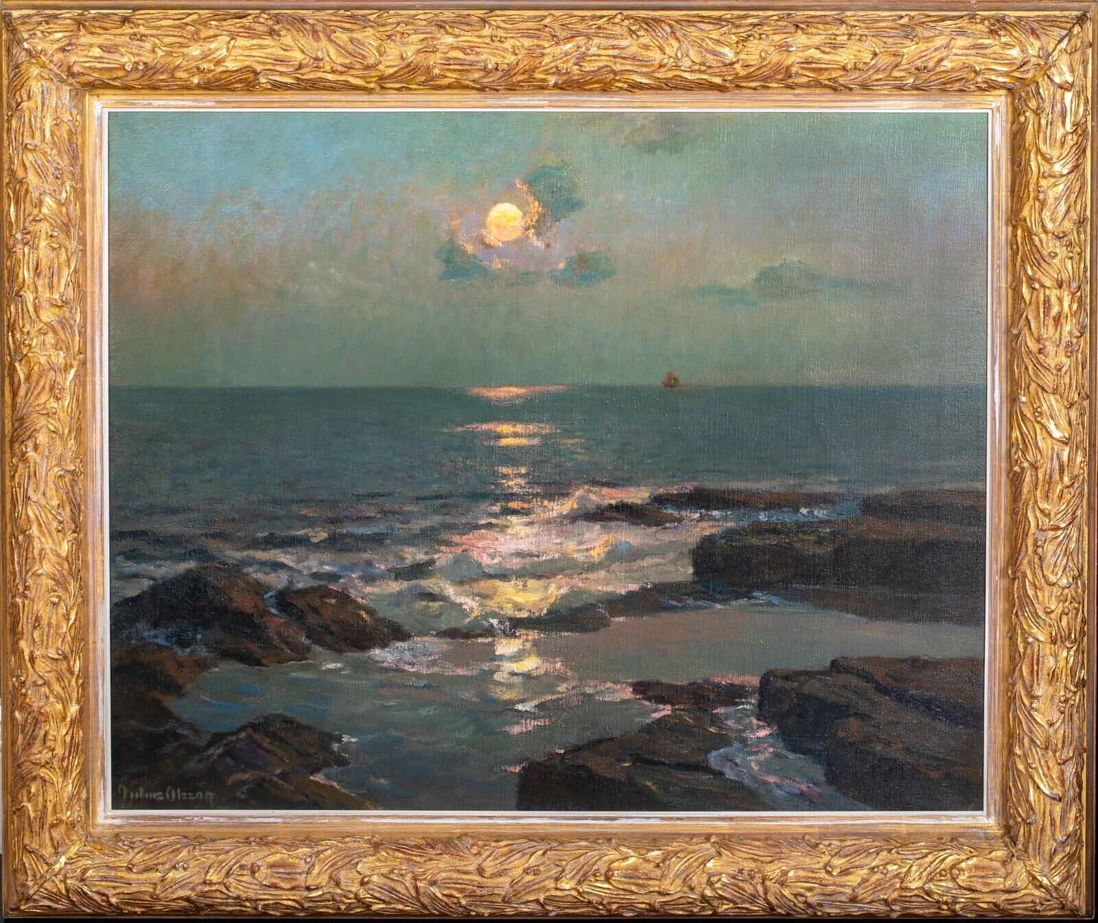 Julius Olsson | A Rocky Coastal View by Moonlight | MutualArt