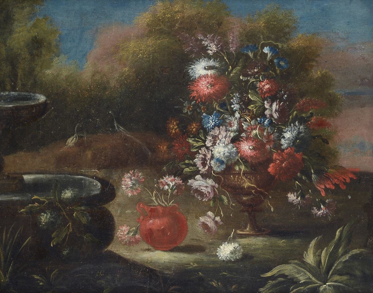 Neapolitan School, 17th Century | Still life with flowers and fountain | MutualArt