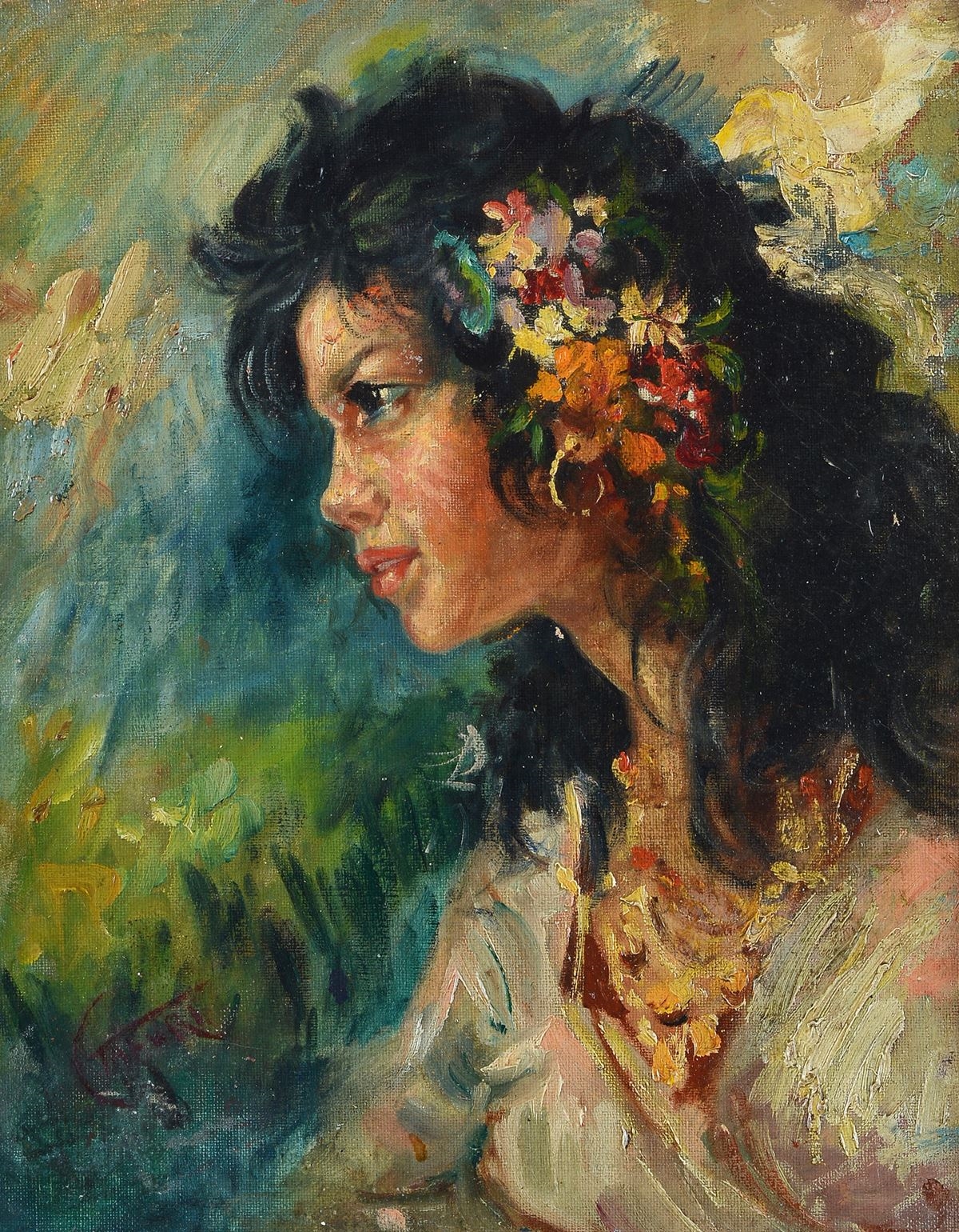Clemente Tafuri | Profile of a woman with flowers in her hair (1903 ...