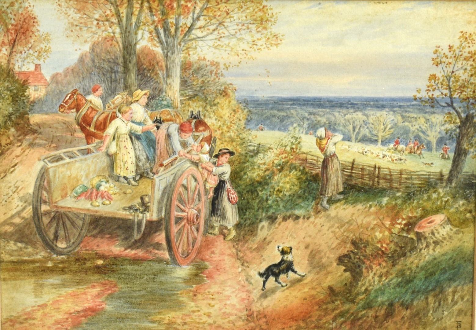 Myles Birket Foster | 1899), watercolour - Family in a Wagon, the Hunt ...