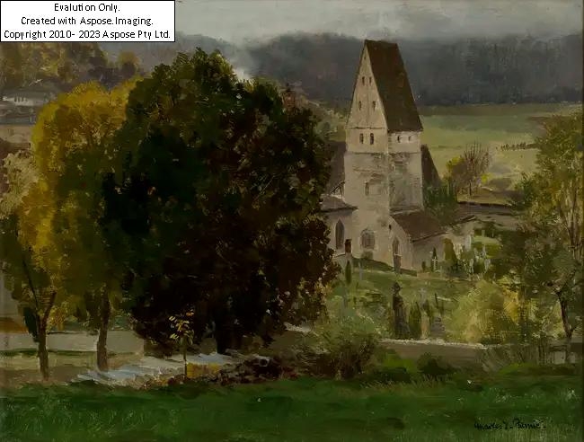 Charles Johann Palmié | View of a church spire and a graveyard through ...