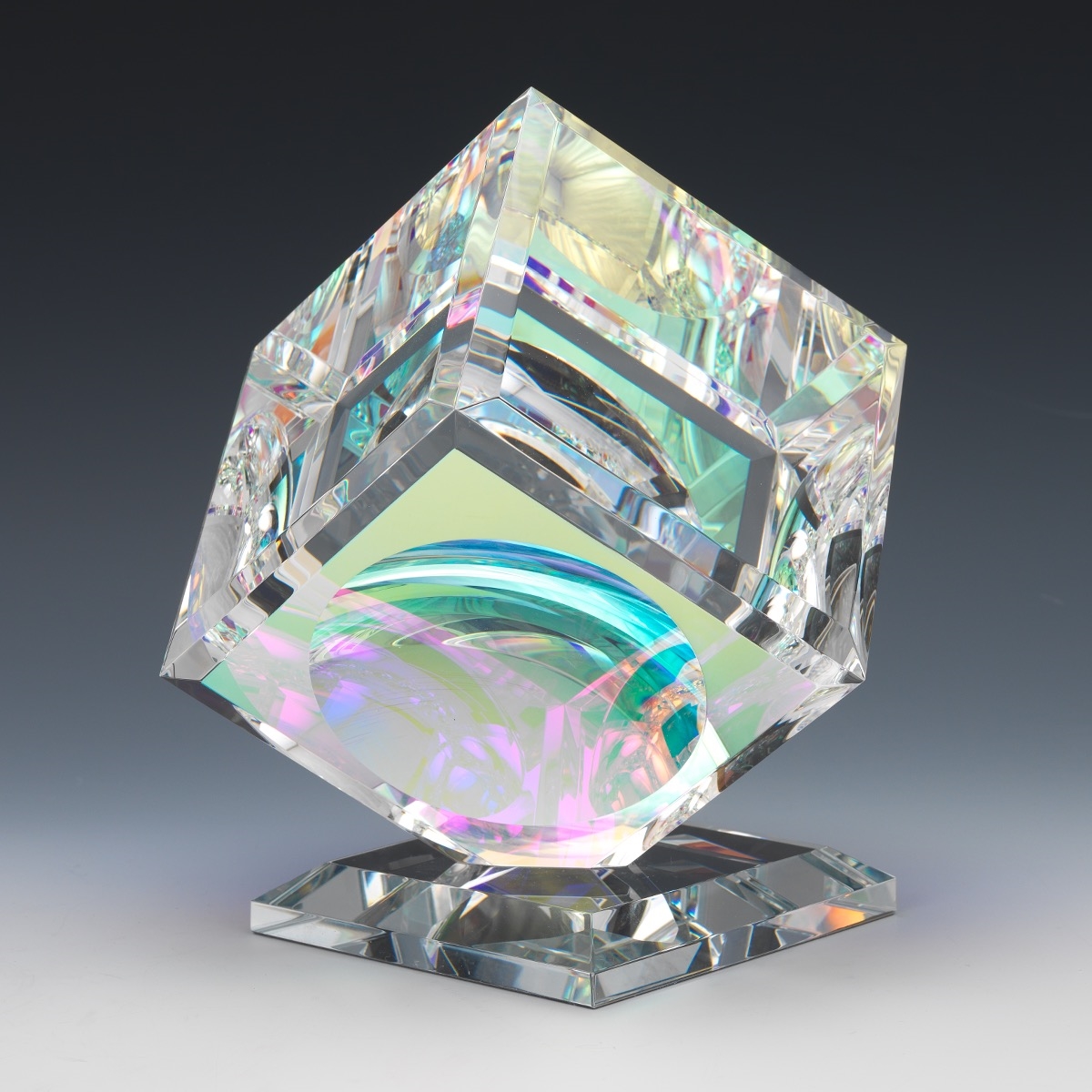 Harold Lustig | Single glass dichroic crystal cube on base with V ...