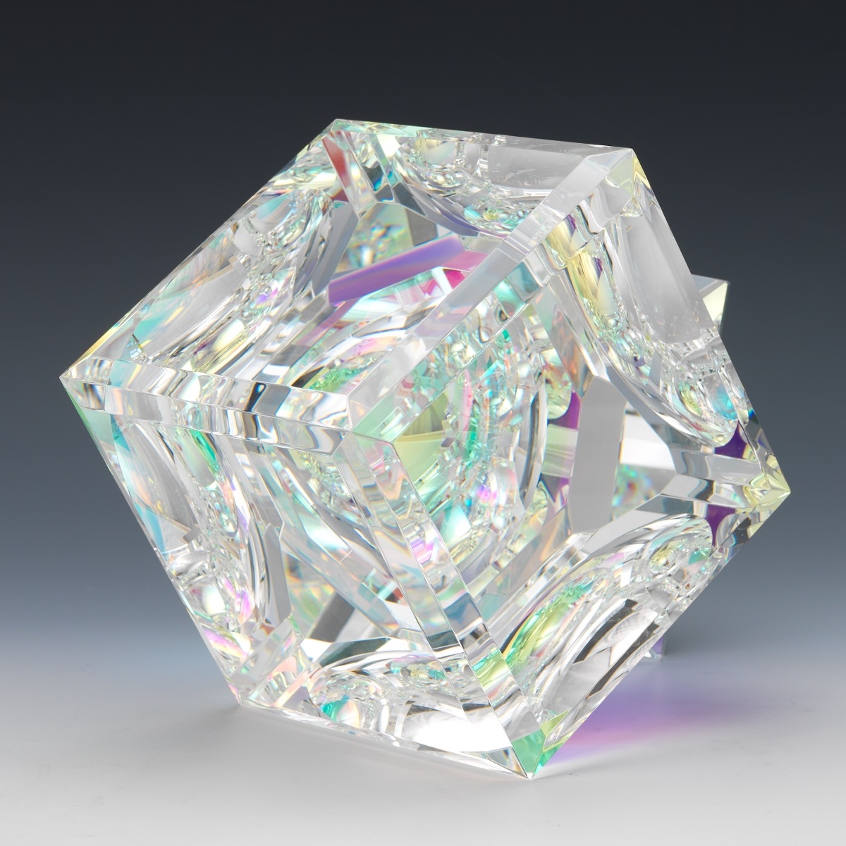 Harold Lustig | Single glass dichroic crystal cube on base with V ...