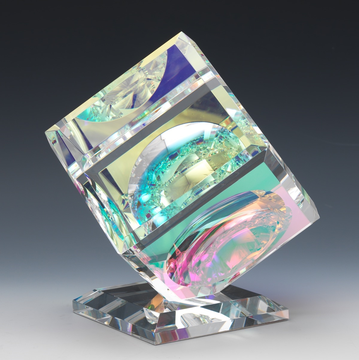 Harold Lustig | Single glass dichroic crystal cube on base with V ...