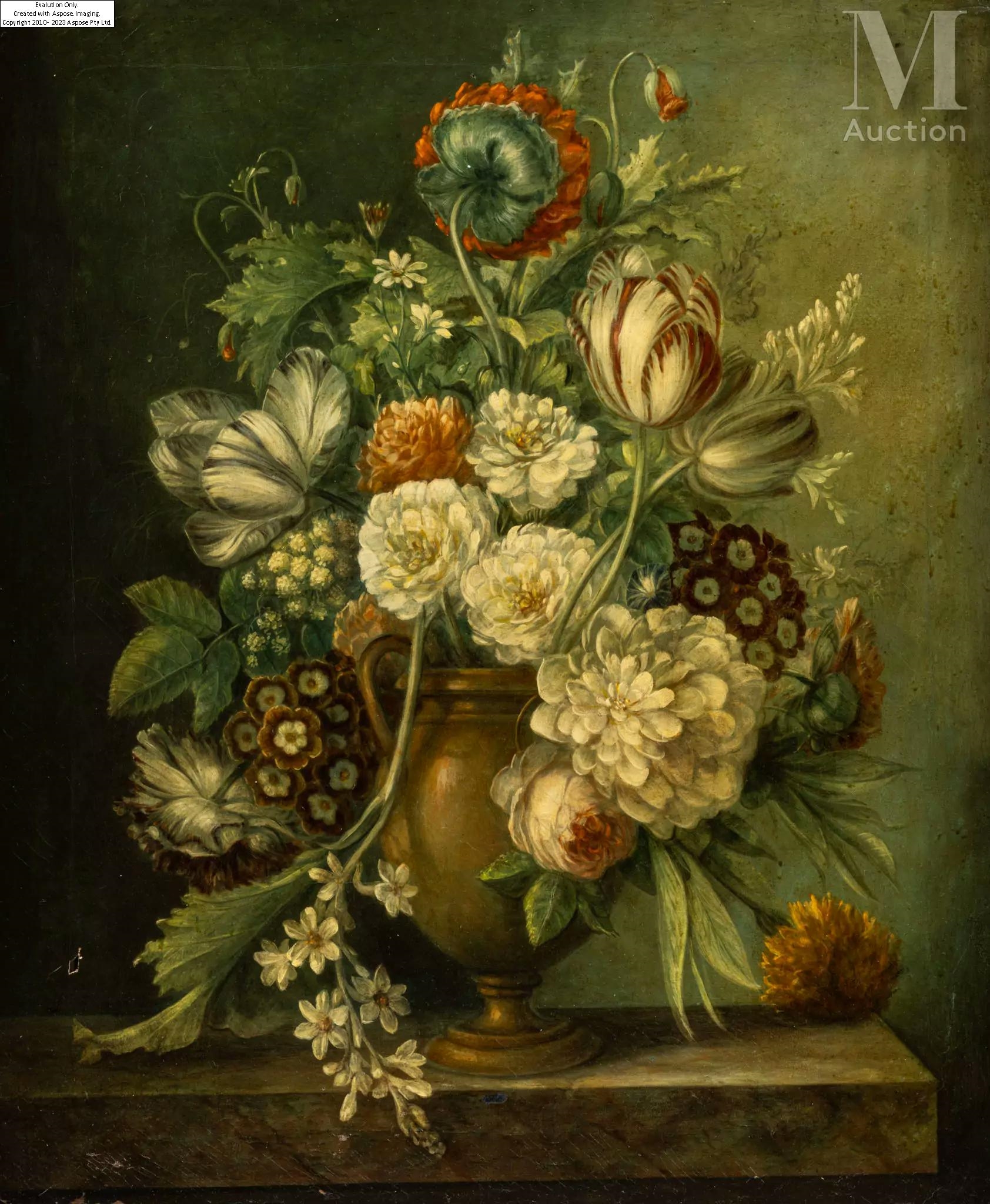 Jan Frans van Dael | Roses in a bulbous vase on a marble entablature ...
