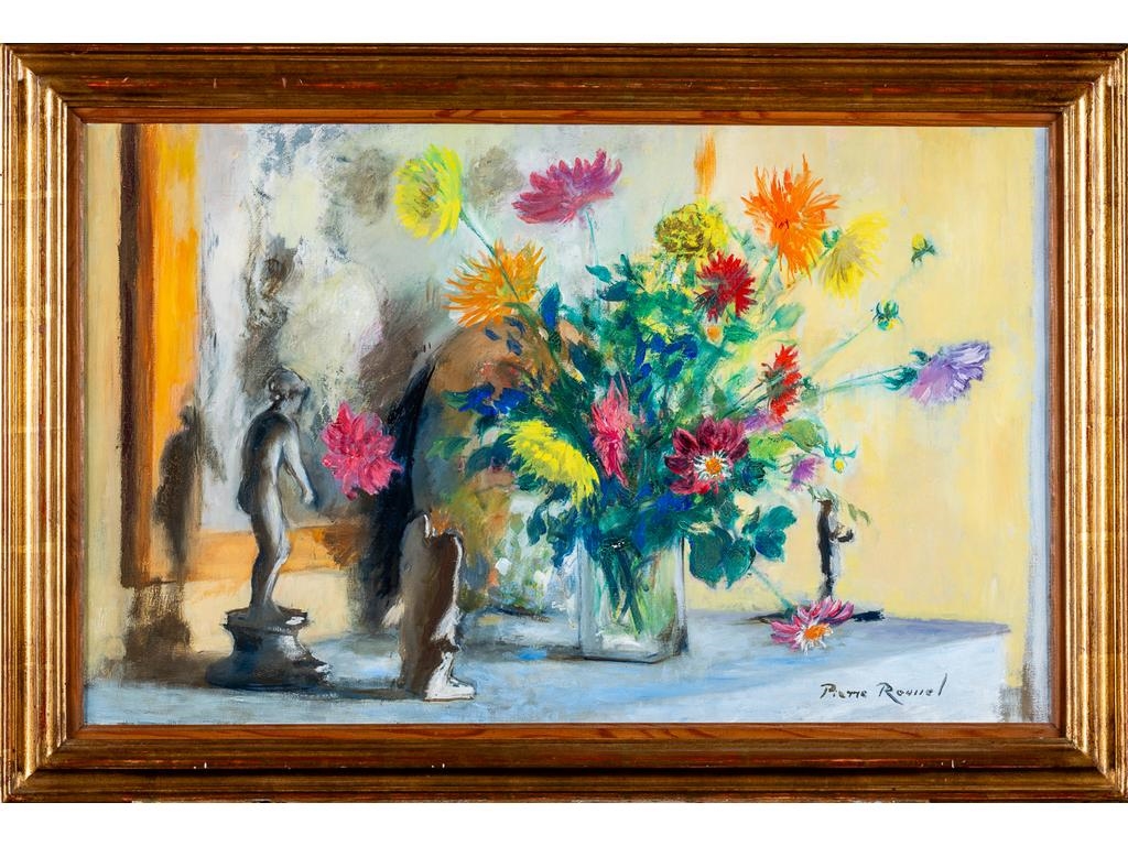 Pierre Roussel | Nature morte au bouquet de fleurs et aux sculptures à ...