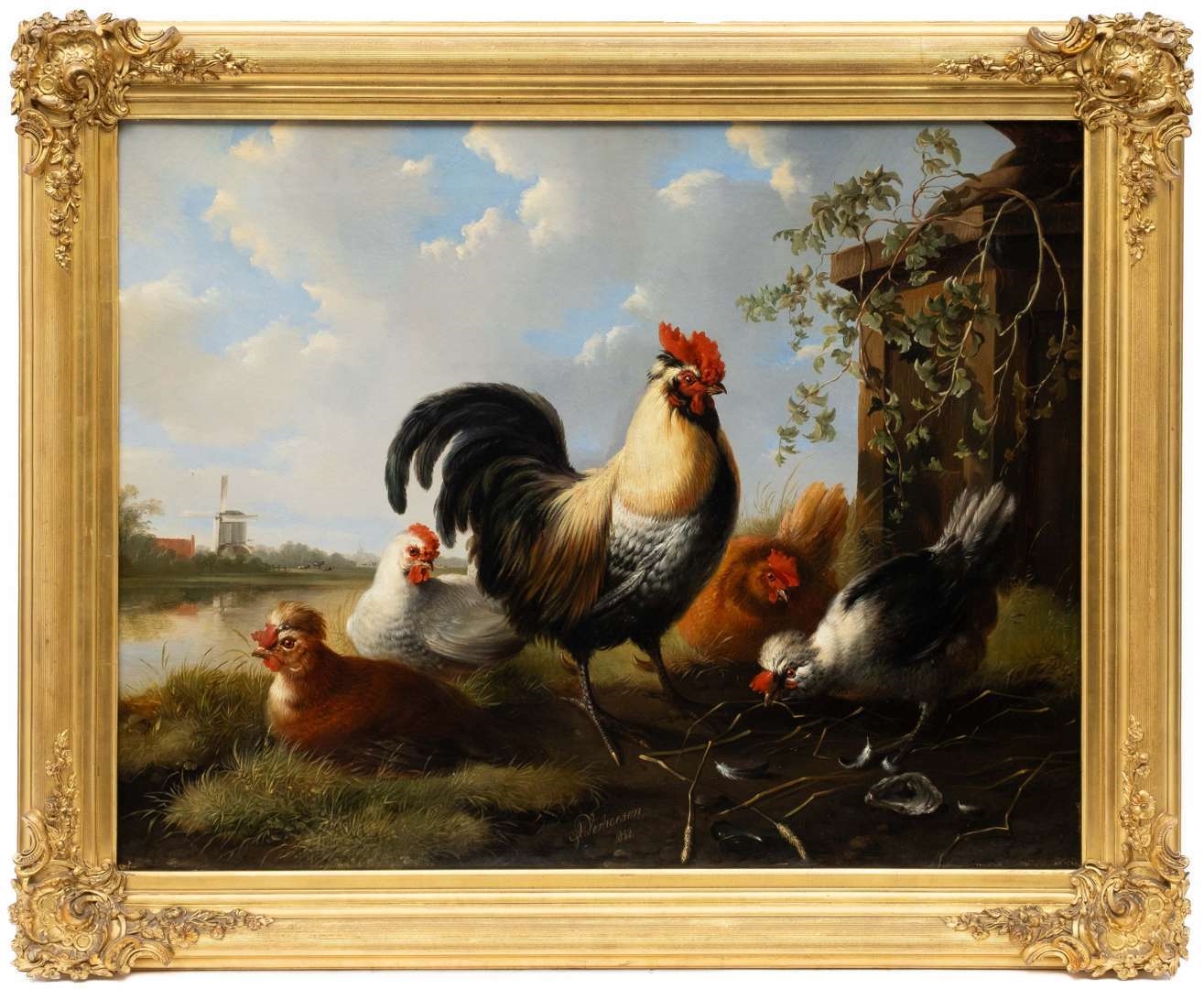 Albertus Verhoesen | Kippen en een hen bij de rivier | MutualArt