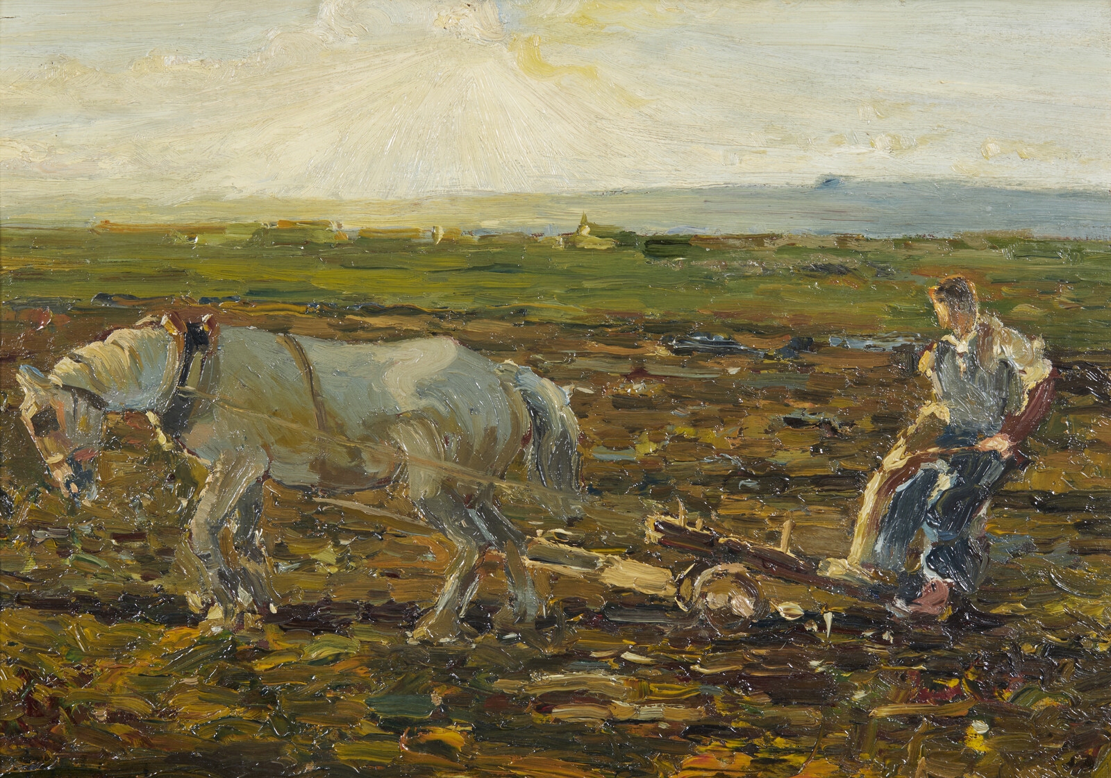 Giuseppe Ciardi | Landscape with horse and plow (1912) | MutualArt