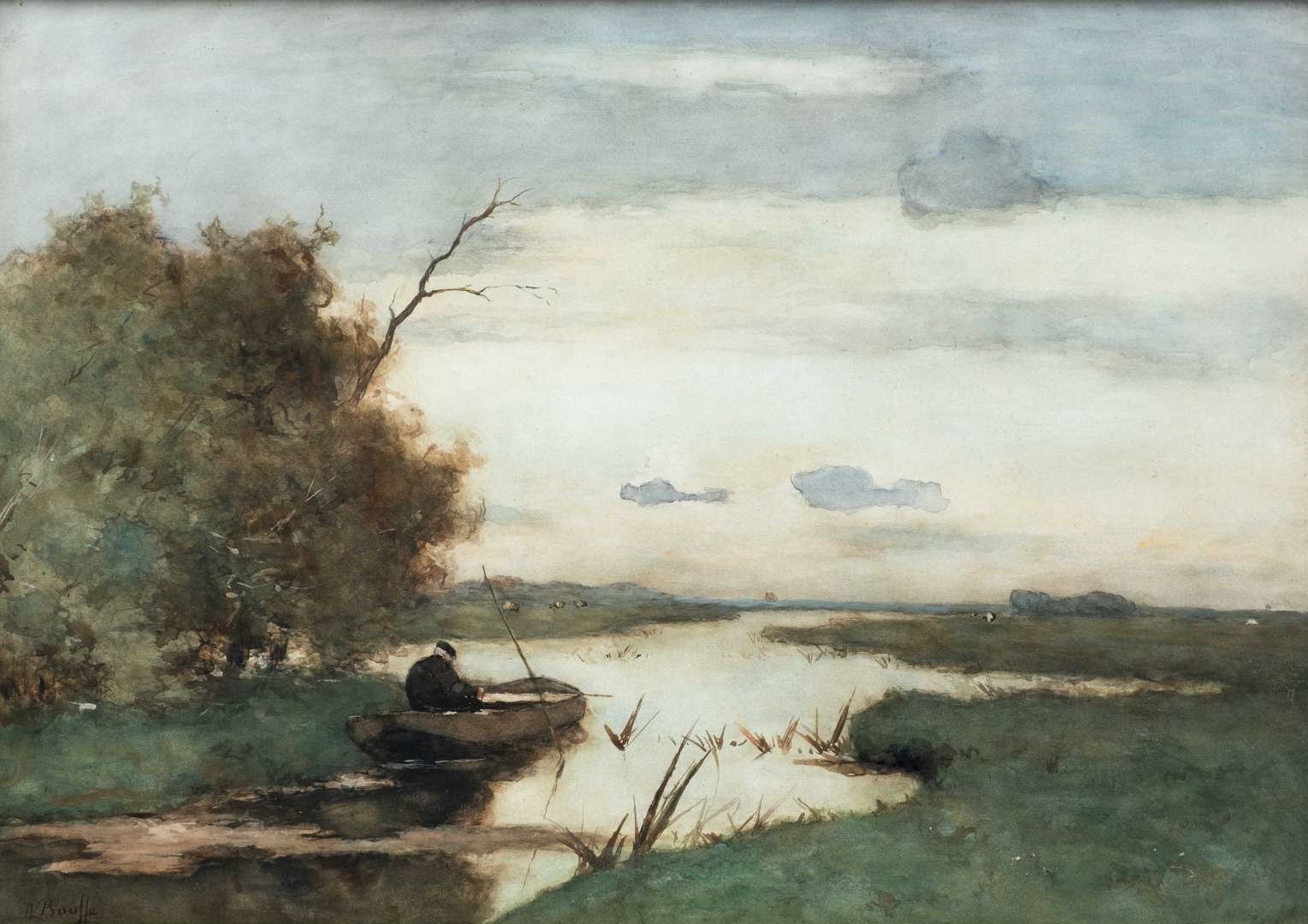 Victor Bauffe | Polderlandschap met vissende boer in roeiboot | MutualArt