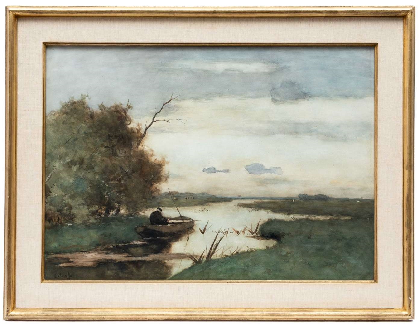 Victor Bauffe | Polderlandschap met vissende boer in roeiboot | MutualArt
