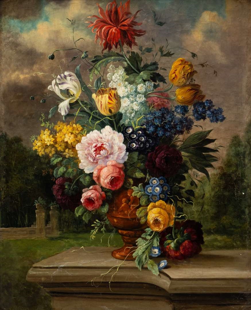European School, 19th Century | Bloemstilleven in een terracotta vaas op een balustrade voor een ...