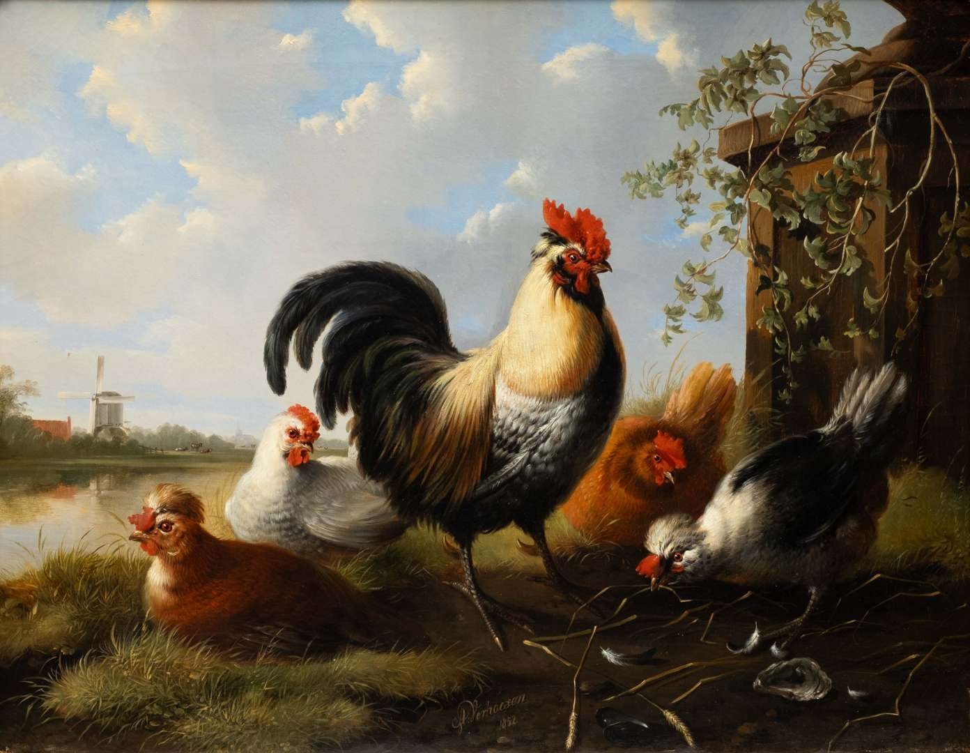 Albertus Verhoesen | Kippen en een hen bij de rivier | MutualArt
