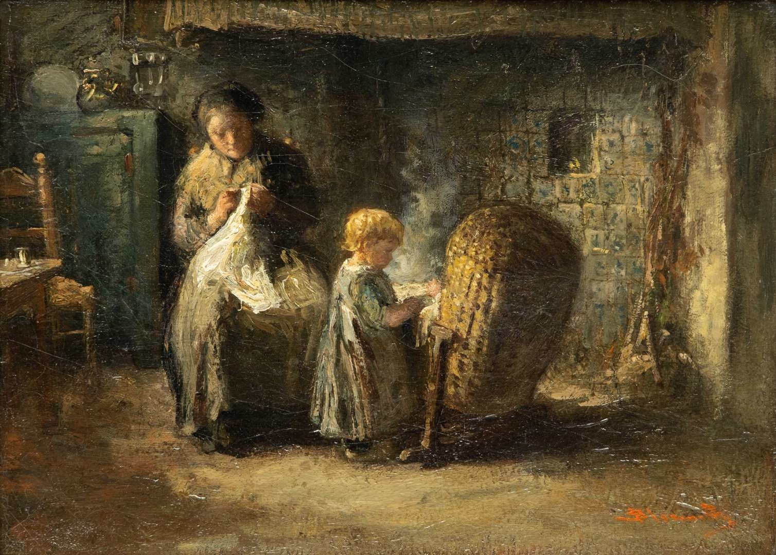 Bernardus Johannes Blommers | Bordurende vrouw met kinderen bij de schouw | MutualArt