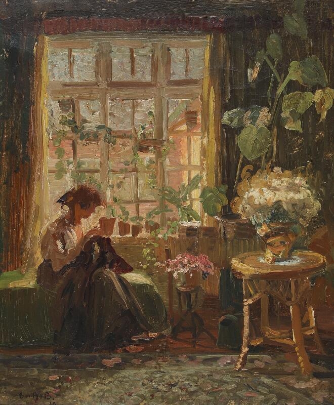 Gerhard Blom | An interior with a woman doing her needlework (1916 ...