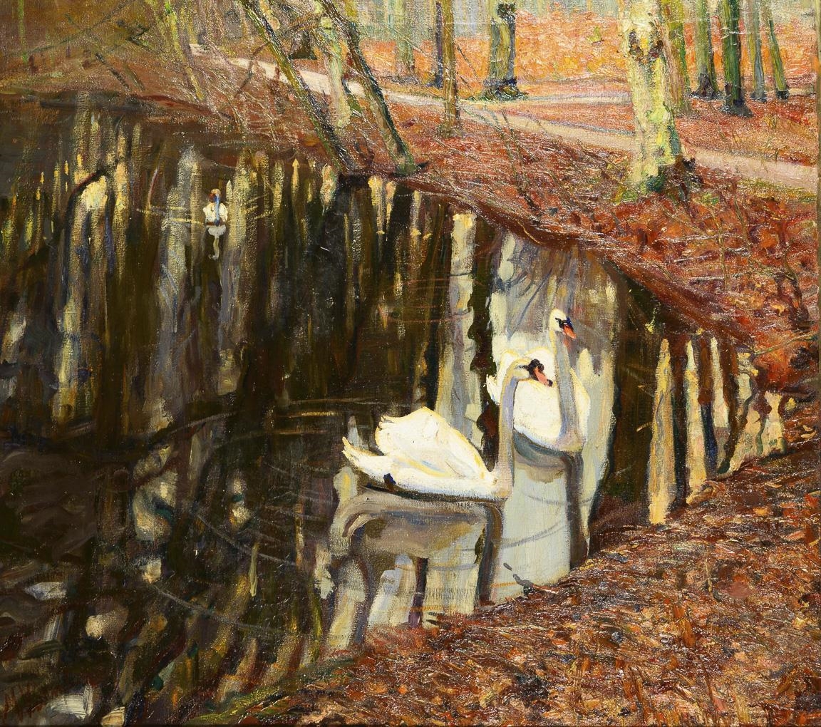 Gertrud Wurmb | Impressionist pond landscape with swans | MutualArt