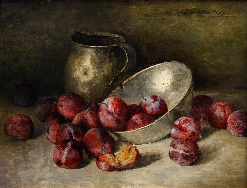 August Herrmann-Allgäu | Still life with plums and pewter dishes ...
