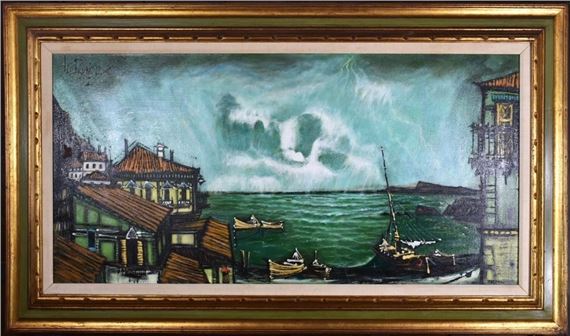 Lee Reynolds | LEE REYNOLDS STORMY HARBOUR OIL ON CANVAS SIGNED | MutualArt