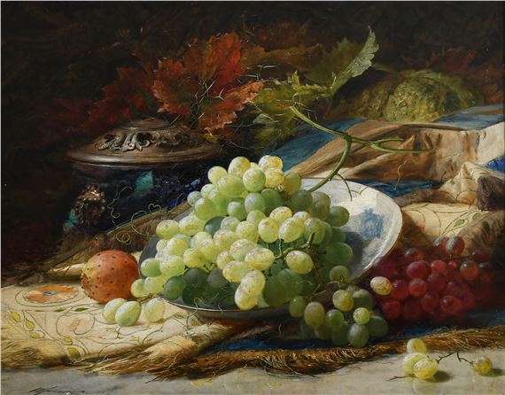 William Jabez Muckley | Still life with grapes, a blue and white dish ...