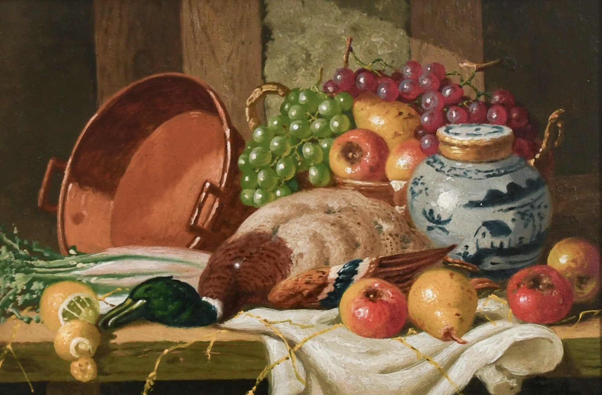 Charles Thomas Bale | Still life with fruit and a stoneware jug on a ...