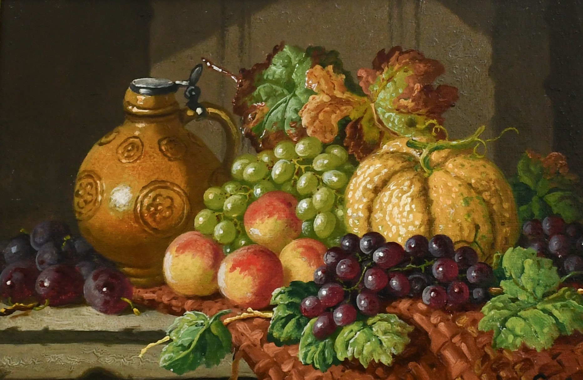 Charles Thomas Bale | Still life with fruit and a stoneware jug on a ...