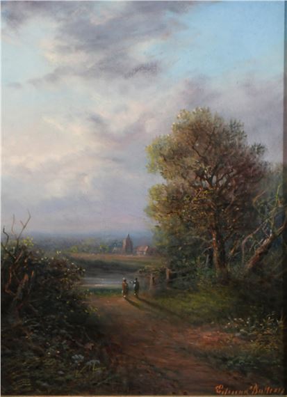 Edwin Buttery | Landscape with travellers on a path, passing through a ...