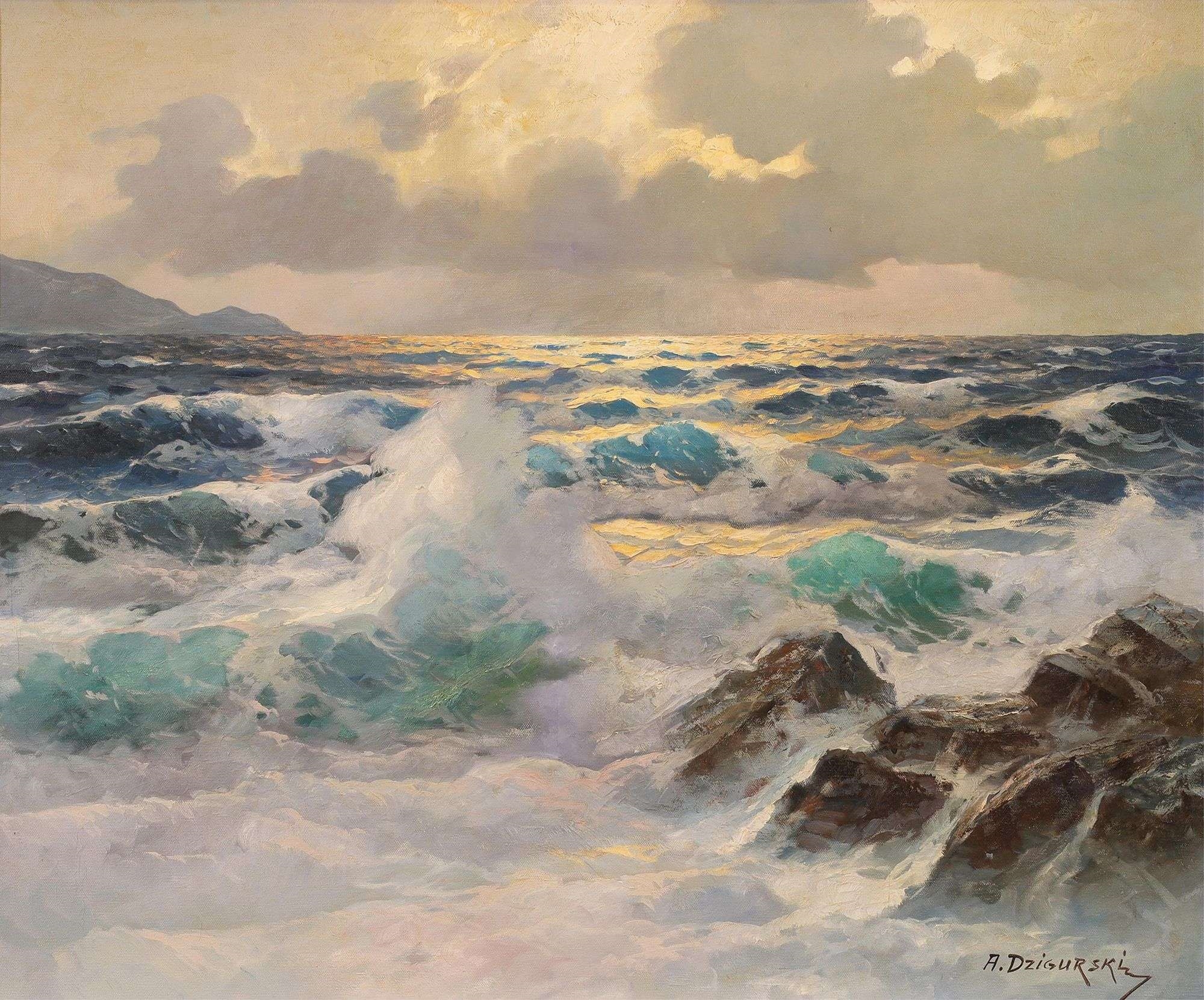 Alexander Dzigurski | WAVES CRASHING AGAINST THE ROCKS, LATE LIGHT ...