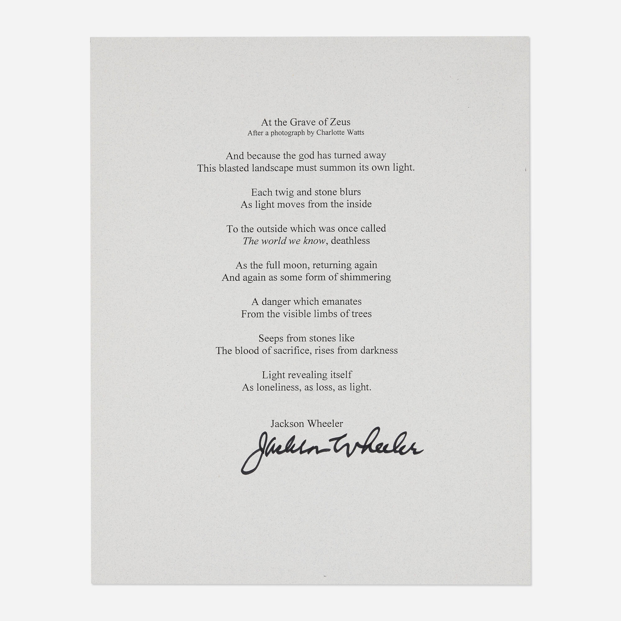 Jackson Wheeler | At the Grave of Zeus (poem (2001) | MutualArt