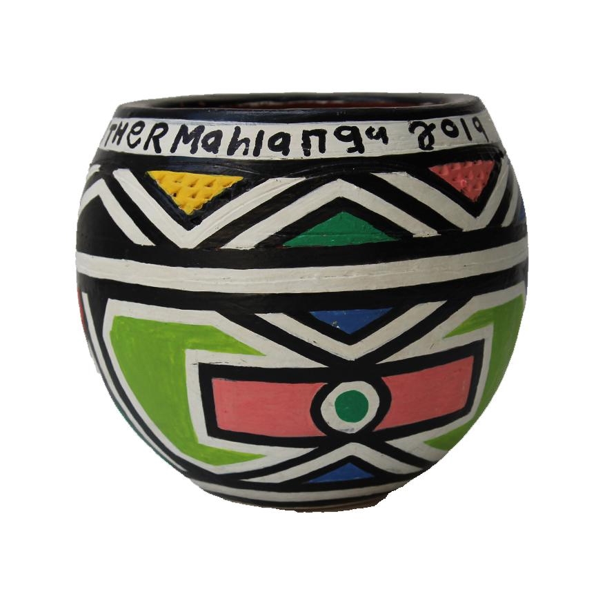 Esther Mahlangu | NDEBELE DESIGN HAND PAINTED CLAY POT (2019) | MutualArt