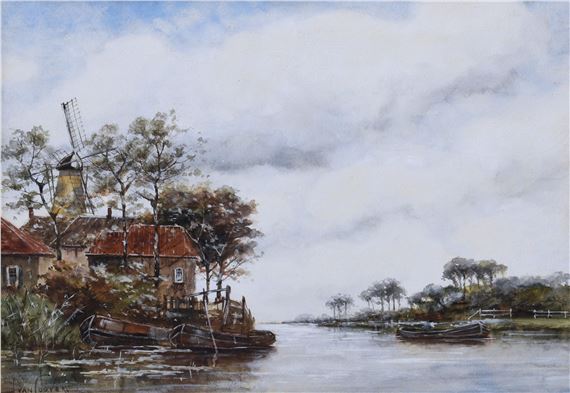 Jan Coover | Dutch River Scene with a Windmill (1919) | MutualArt