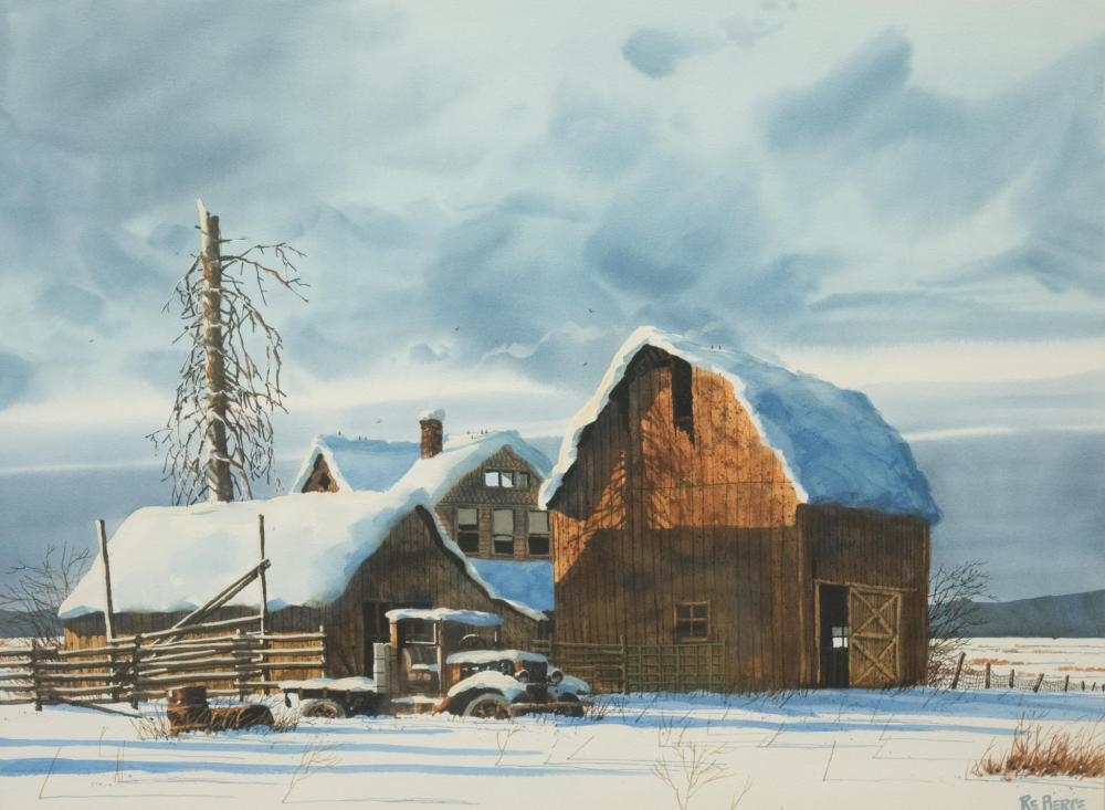 R.E. Pierce | snow-covered farm with barn | MutualArt