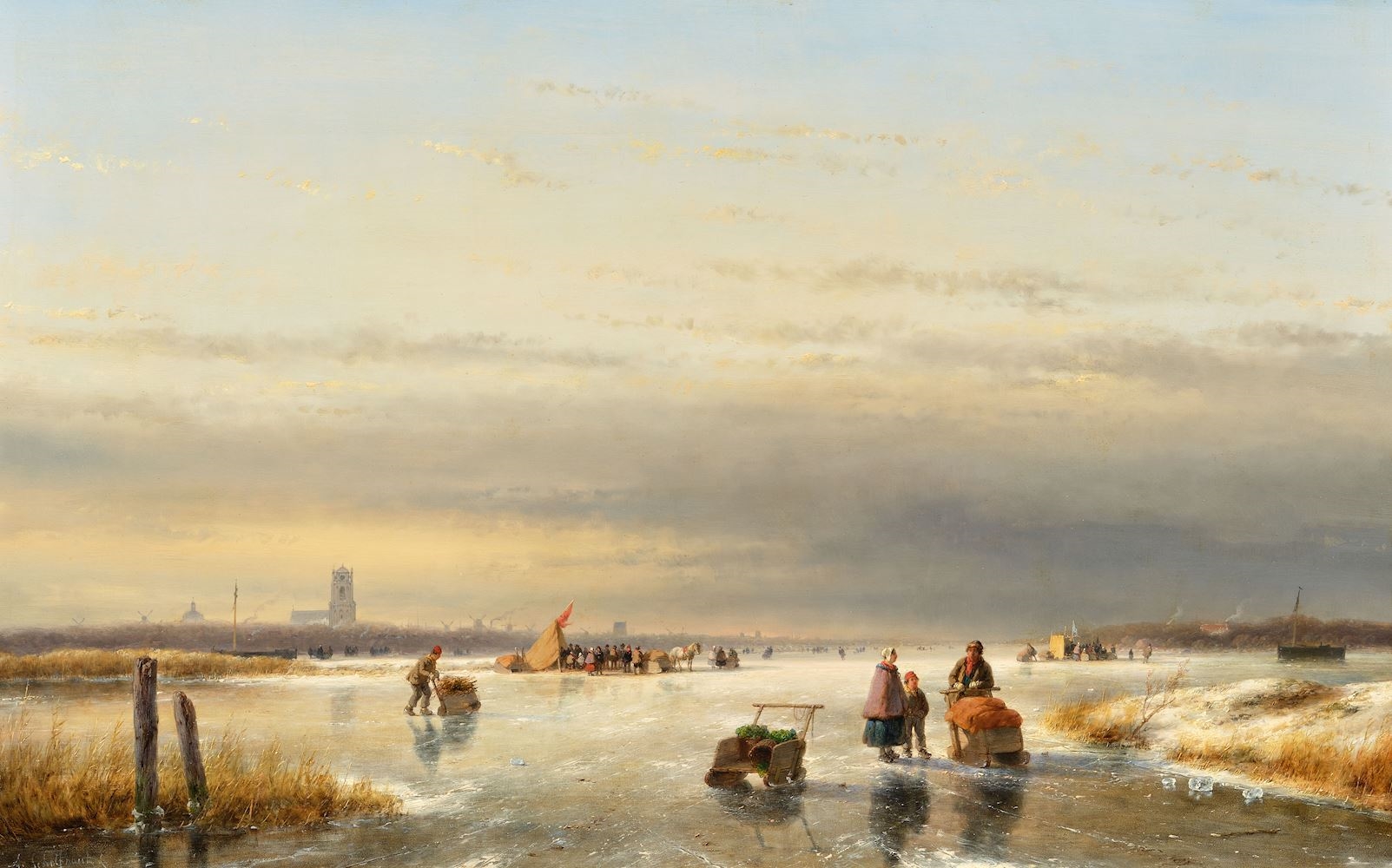 Andreas Schelfhout | Skaters on a Dutch waterway by a windmill | MutualArt