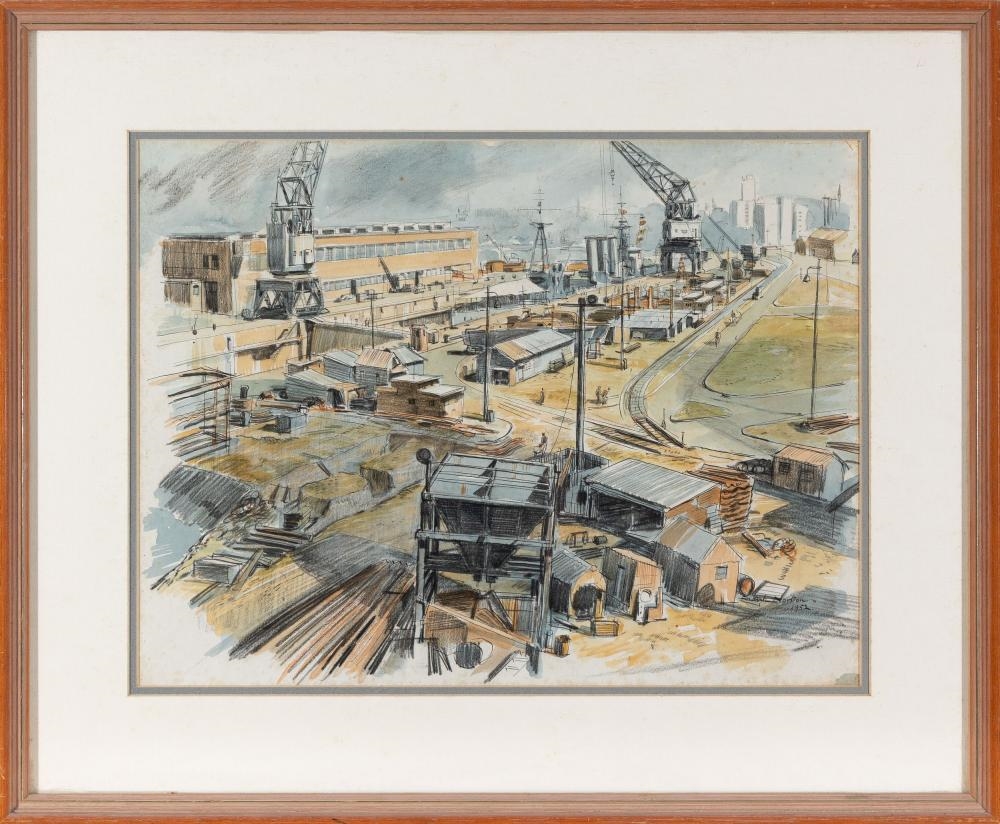 Frank Norton | Industrial Scene - Dockyard Sheds (1952) | MutualArt