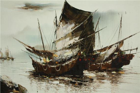 Tony Wong | Tony Wong. Chinese Junk boats in still waters. Oil on ...
