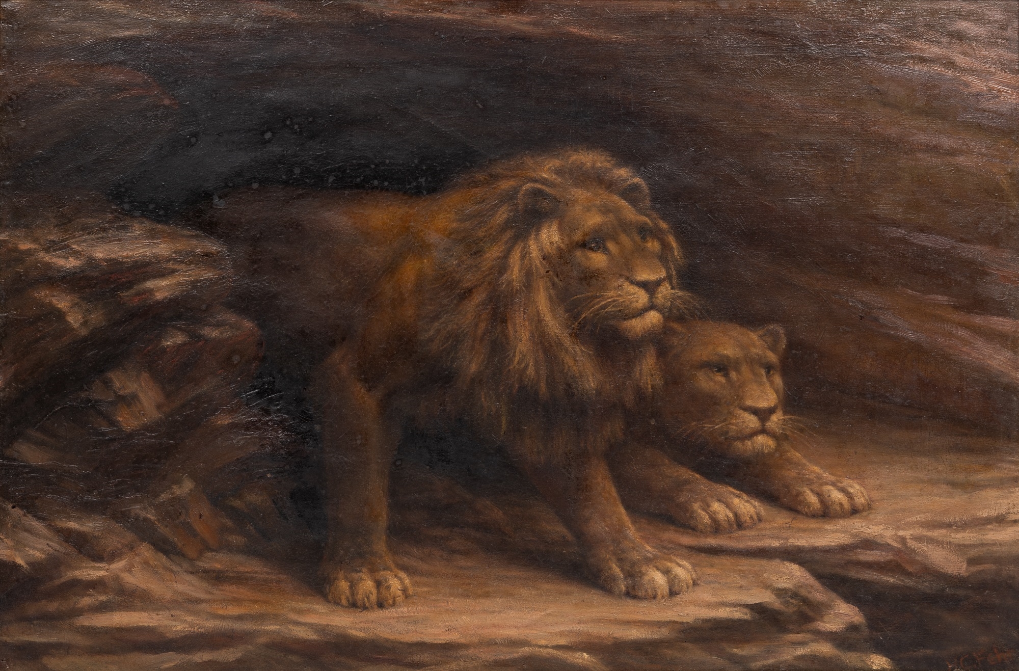 Henry C. Fehr | A lion with lioness appearing from a rocky crag | MutualArt