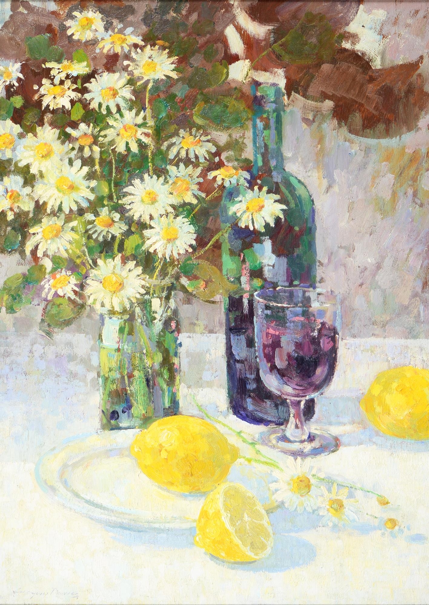 Gregory Davies | Still Life of Lemons, a Vase of Daisies and Wine | MutualArt