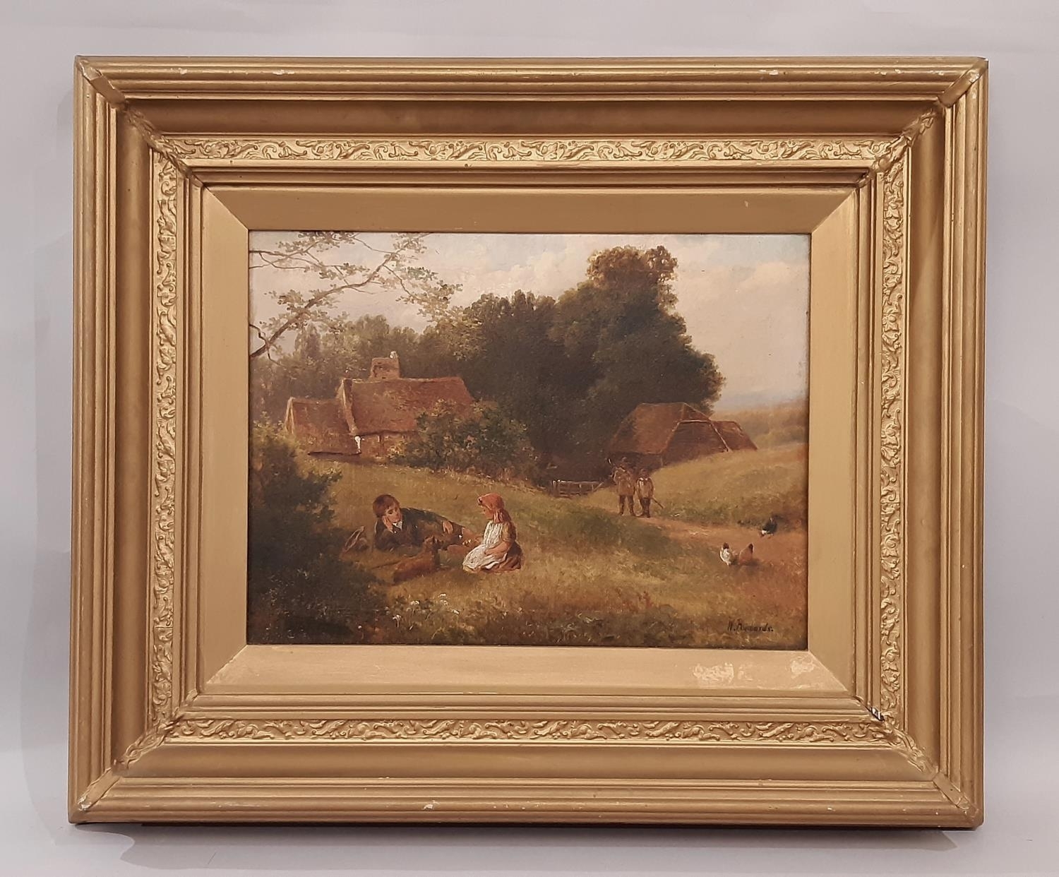 W. Richards | Country scene with two children and a dog resting in the ...