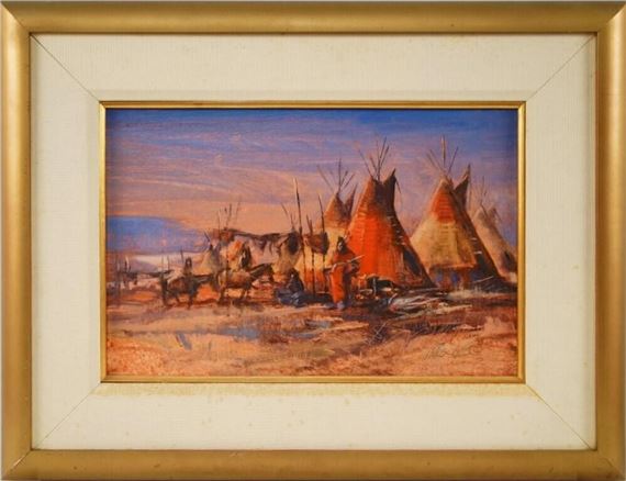 Mike Larsen | Mike Larsen oil on board - Indian village Teepees | MutualArt