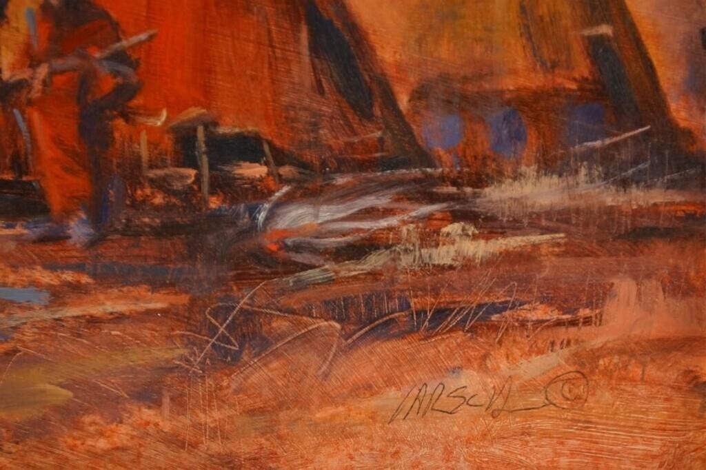 Mike Larsen | Mike Larsen oil on board - Indian village Teepees | MutualArt