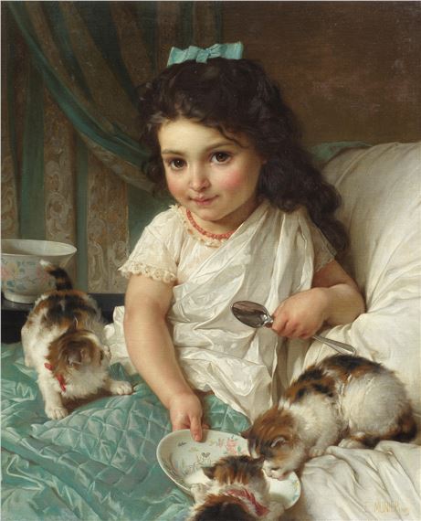 Émile Munier | Feeding the kittens (1880) | MutualArt