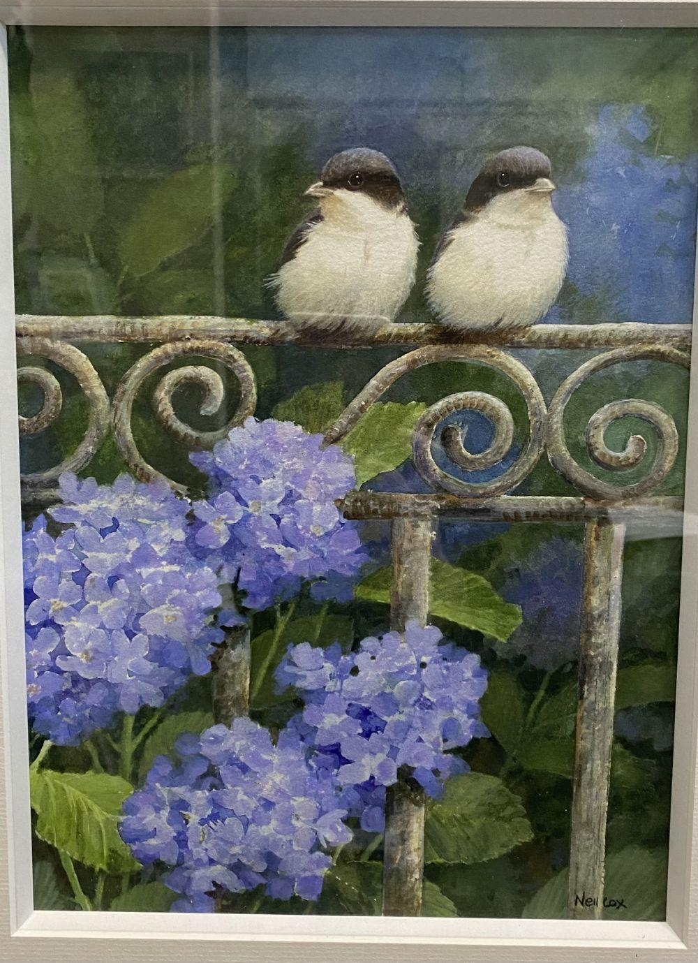 Neil Cox | Birds amongst hydrangeas | MutualArt
