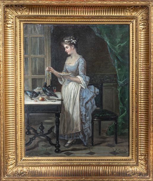 Joseph Caraud | Housekeeper feeding pigeons Oil on canvas | MutualArt